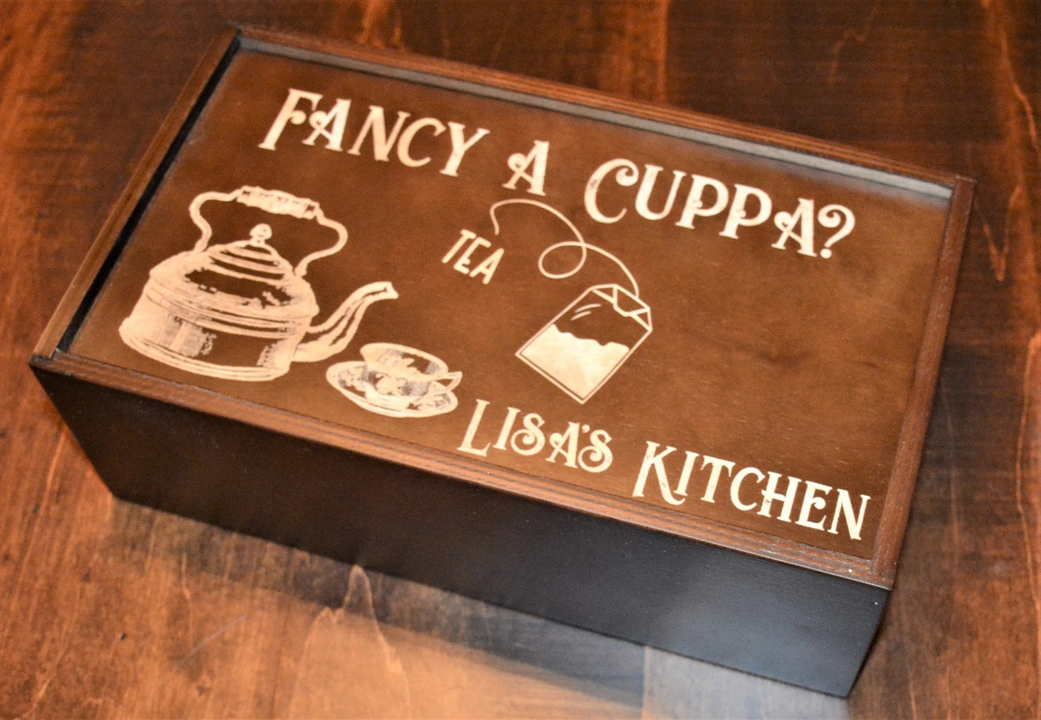 Home Products Custom Engraved Wooden Tea Boxes - Walnut Stain 8 Sections