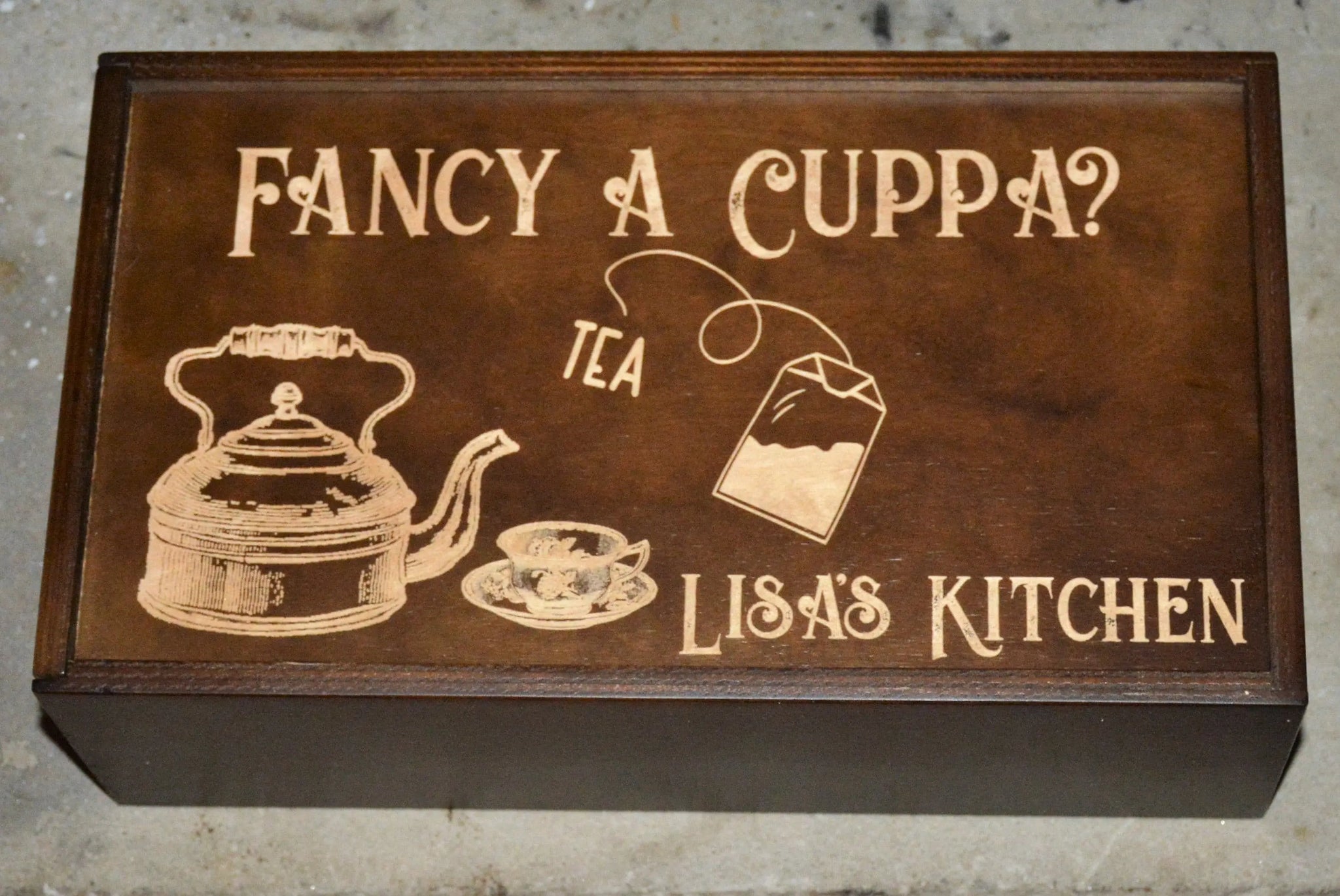 Custom Engraved Wooden Tea Boxes - Walnut Stain 8 Sections